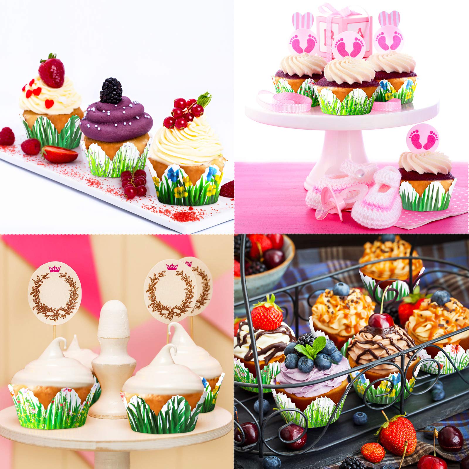 240 Pieces Cupcake Liners Petal Grass Shaped Cupcake Wrappers Grass Flower Cupcake Baking Cups Spring Themed Paper Wraps Muffin Case Trays for Mother's Father's Day, 4 x 2.4 x 2 Inch (Stylish style)