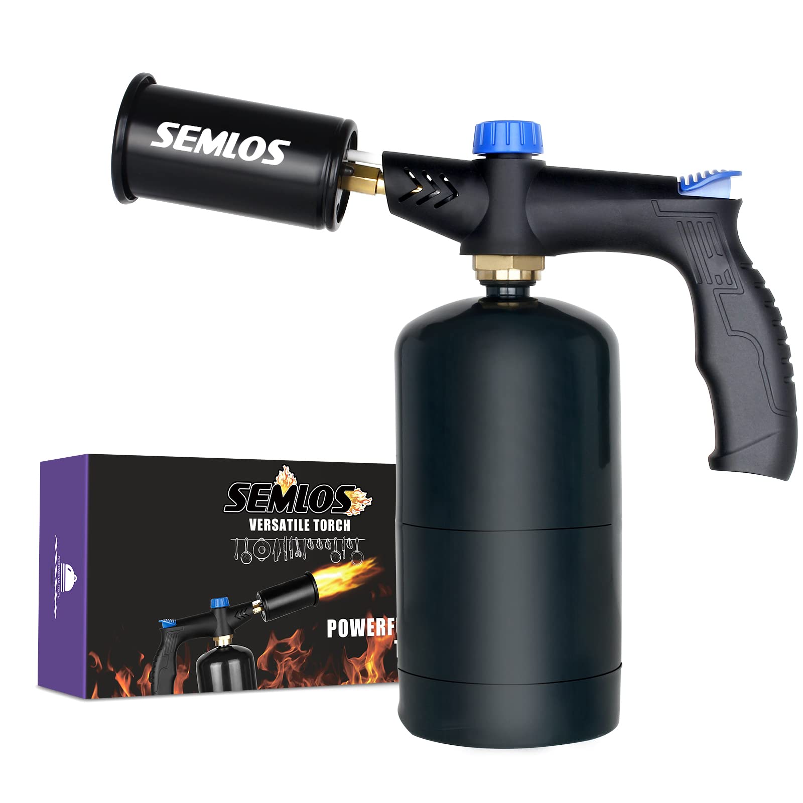 SemLos Powerful Cooking Propane Torch - Adjustable Flame - Sous Vide - Flamethrower Gun for BBQ Searing Steak, Creme Brulee, Campfire Charcoal Starter(Propane Tank Not Included)