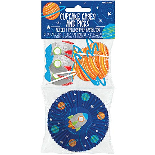 48-Piece Blast Off Birthday Multicolor Cupcake Cases & Picks - 1 Pack | Vibrant Design, Durable & Easy-to-Use | Perfect For Space-Themed Party Supplies