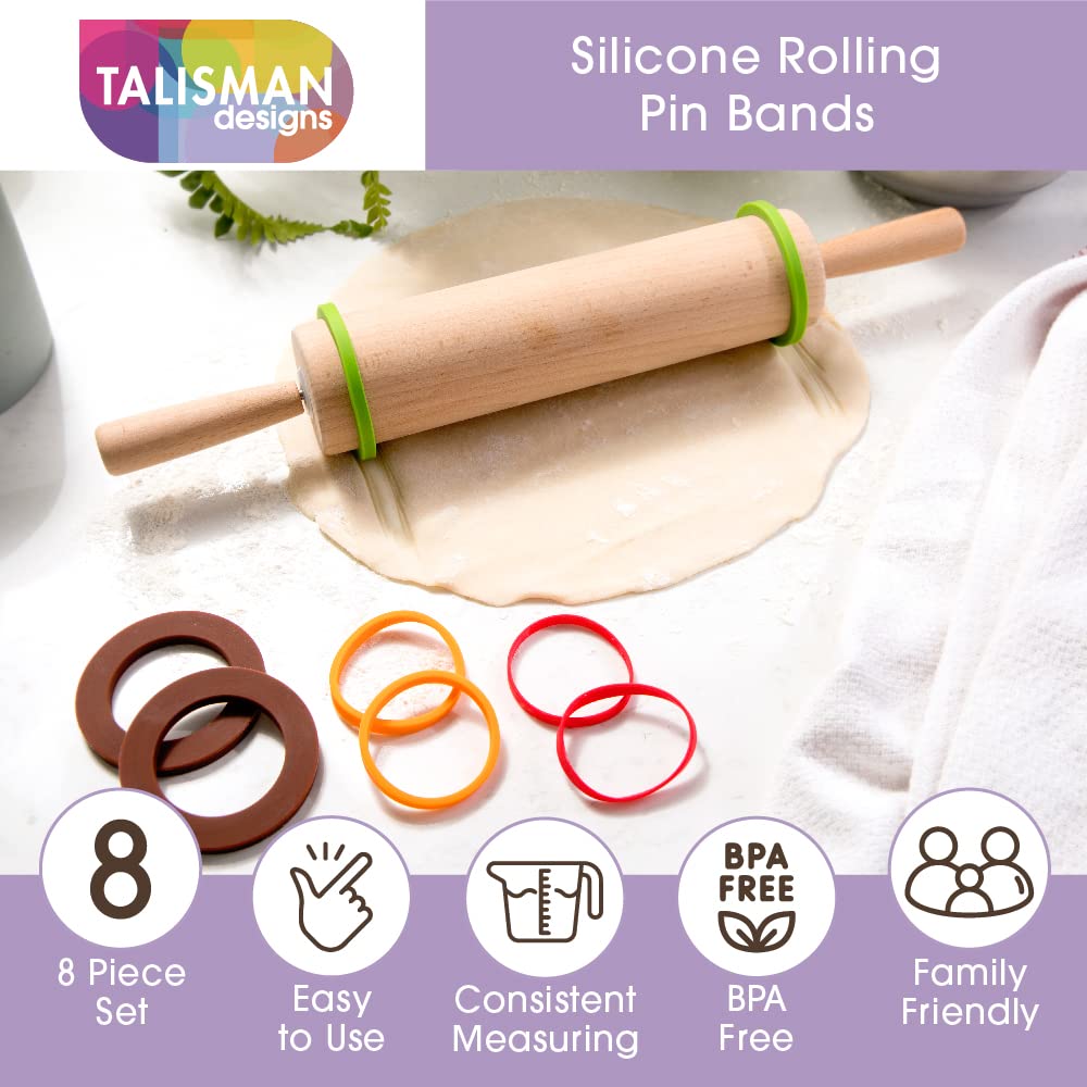 Talisman Designs Silicone Rolling Pin Bands | 8 Piece Set | Ensure Dough Thickness | Baking Accessories | Rolling Pin Rings | Bands for Rolling Pin | Rolling Pin Thickness Rings