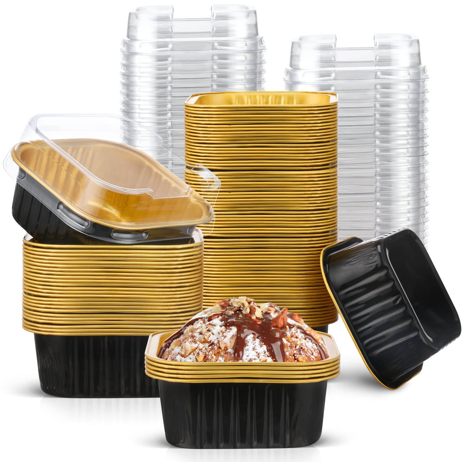 100 Pcs Dessert Cups with Lids 5 oz Cupcake Liners with Lids Aluminum Foil Baking Cup Disposable Ramekins Muffin Individual Square Cupcake Container Foil Flan Baking Cups for Party, Black Gold Color