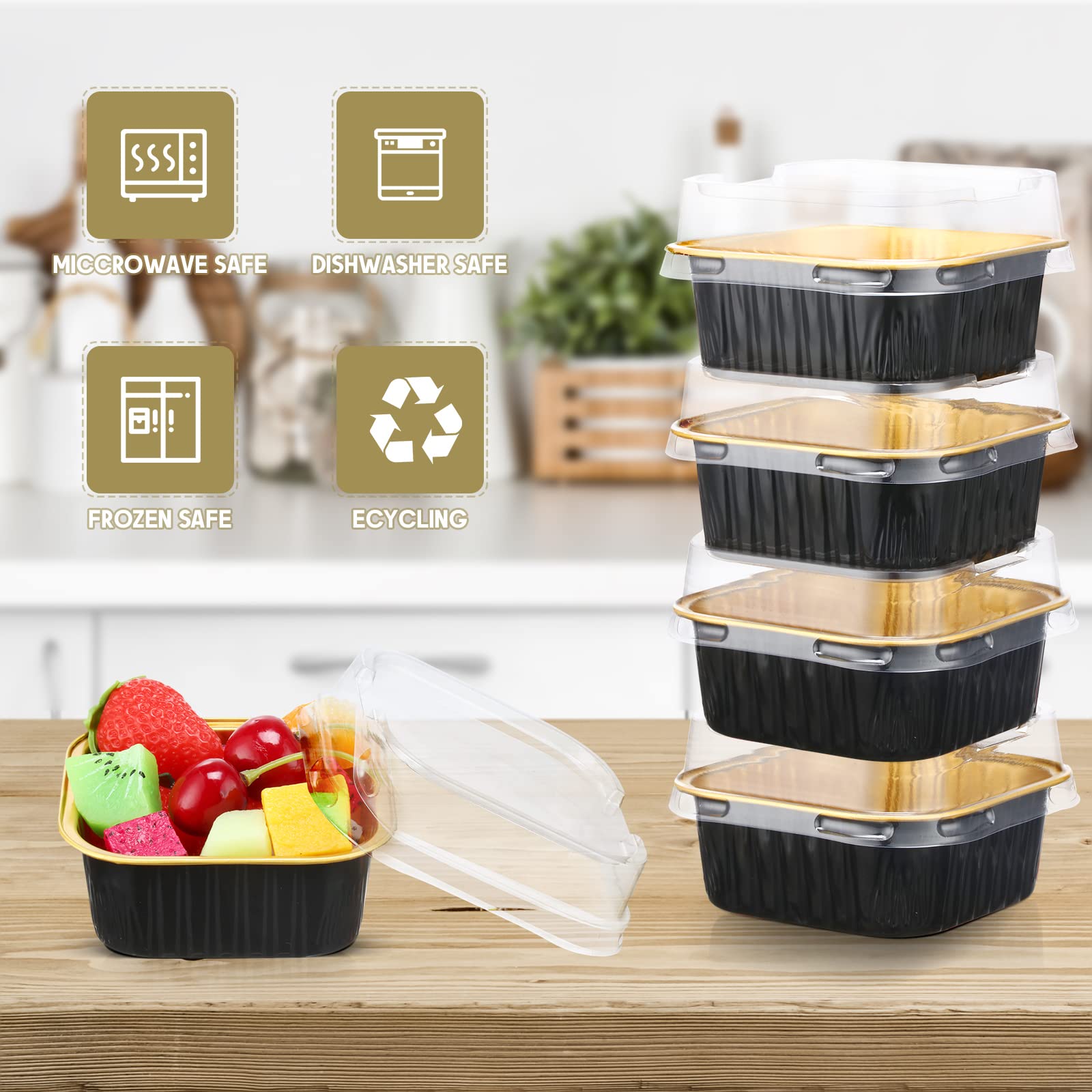 100 Pcs Dessert Cups with Lids 5 oz Cupcake Liners with Lids Aluminum Foil Baking Cup Disposable Ramekins Muffin Individual Square Cupcake Container Foil Flan Baking Cups for Party, Black Gold Color