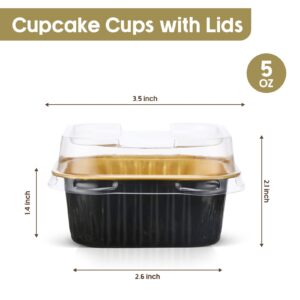 100 Pcs Dessert Cups with Lids 5 oz Cupcake Liners with Lids Aluminum Foil Baking Cup Disposable Ramekins Muffin Individual Square Cupcake Container Foil Flan Baking Cups for Party, Black Gold Color