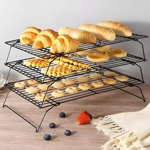 VNIMTI 3-Tier Collapsible Cooling Rack Non-Stick Stackable Baking Rack Wire Cooking Rack Oven Rack Cookie Rack for Cooking, Baking, Cooling, Roasting and Grilling, Adjustable & Foldable