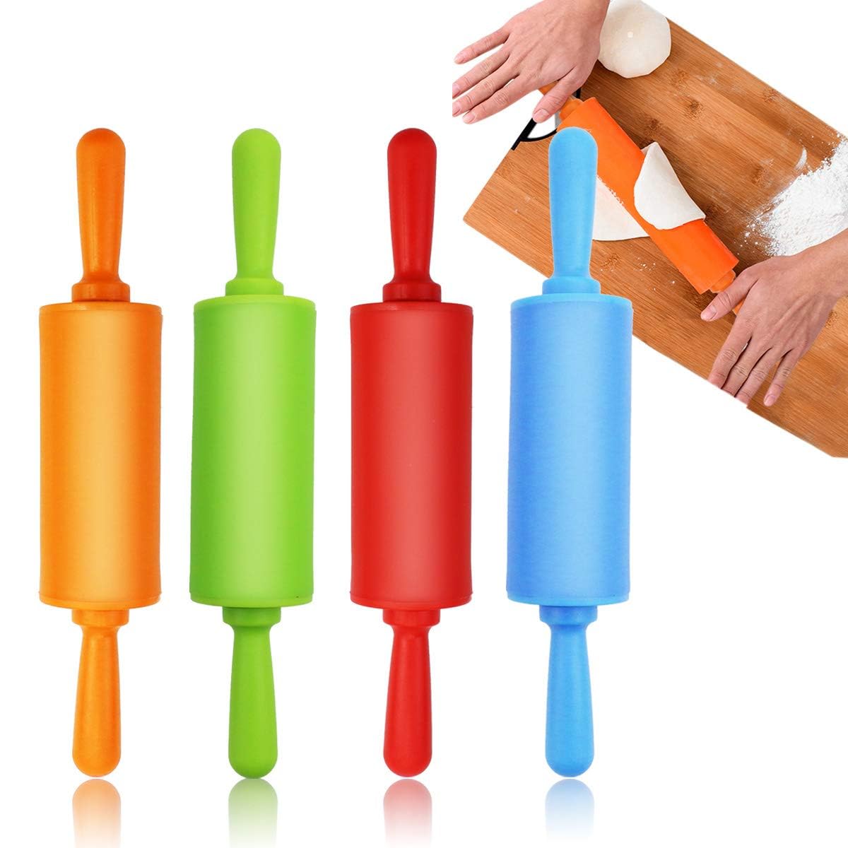 Faxco 4 Pack Mini Rolling Pin for Kids, 9 Inch Plastic Handle Rolling Pin Non-Stick Silicone Rolling Pins for Children Cake Baking