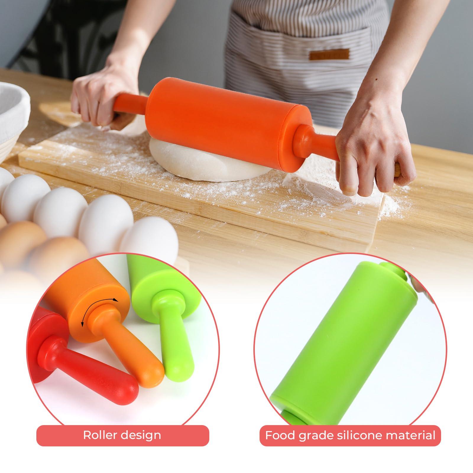 Faxco 4 Pack Mini Rolling Pin for Kids, 9 Inch Plastic Handle Rolling Pin Non-Stick Silicone Rolling Pins for Children Cake Baking