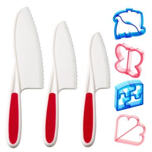 starpack kids knife set of 3 & 4x sandwich cutters for kids - toddler knife set & fun sandwich cutters for kids - kids knives for real cooking & 4x cookie cutters/sandwich cutters (cherry red)