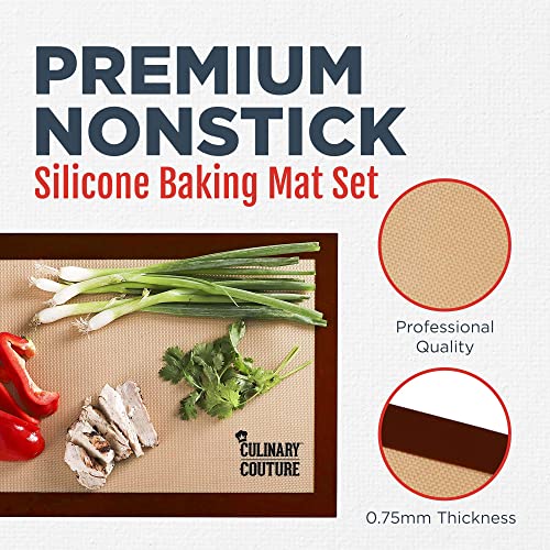 Culinary Couture Non-Stick Silicone Baking Mats Set of 3-2 Half Sheets and 1 Quarter Sheet - Reusable Baking Sheet and Macaron Mat - Silicone Baking Mat for Cookie Sheet