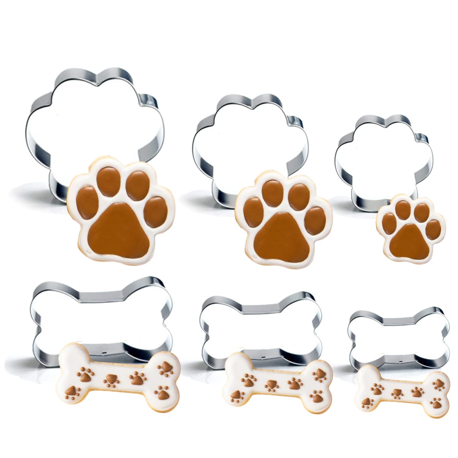 KAISHANE 6 PCS Dog Paw&Bone Cookie Cutter Set, Stainless Steel Biscuit Cutters for DIY Baking Fondant Cake Molds Dog Treats, Bones 3 Size-2.6/2/1.6IN, Paw 3 Sizes-3.2/2.4/1.6IN