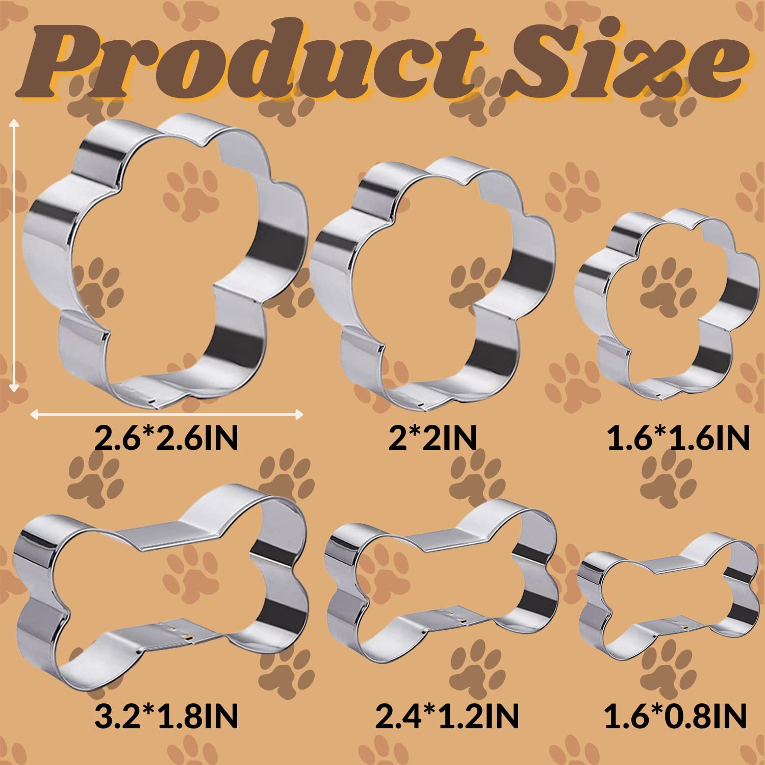 KAISHANE 6 PCS Dog Paw&Bone Cookie Cutter Set, Stainless Steel Biscuit Cutters for DIY Baking Fondant Cake Molds Dog Treats, Bones 3 Size-2.6/2/1.6IN, Paw 3 Sizes-3.2/2.4/1.6IN