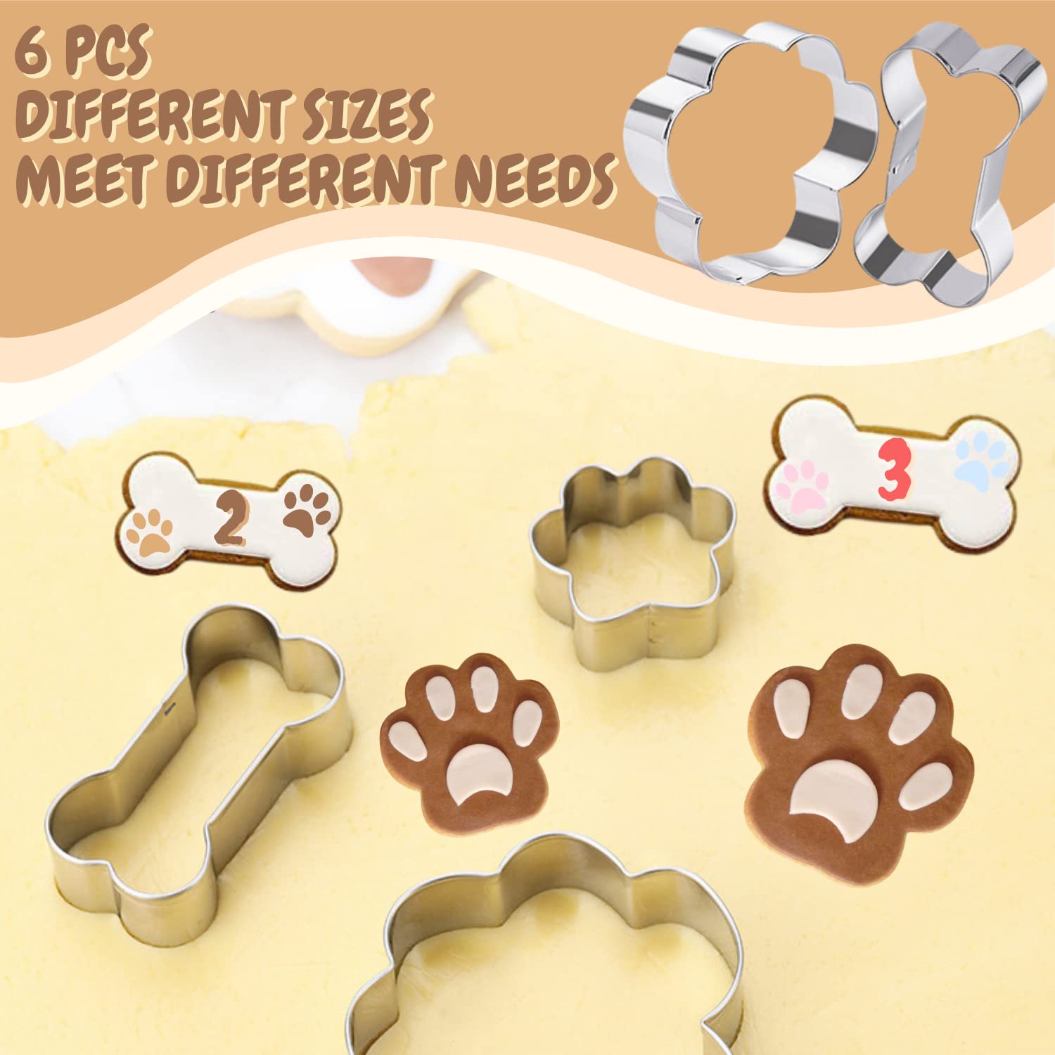 KAISHANE 6 PCS Dog Paw&Bone Cookie Cutter Set, Stainless Steel Biscuit Cutters for DIY Baking Fondant Cake Molds Dog Treats, Bones 3 Size-2.6/2/1.6IN, Paw 3 Sizes-3.2/2.4/1.6IN