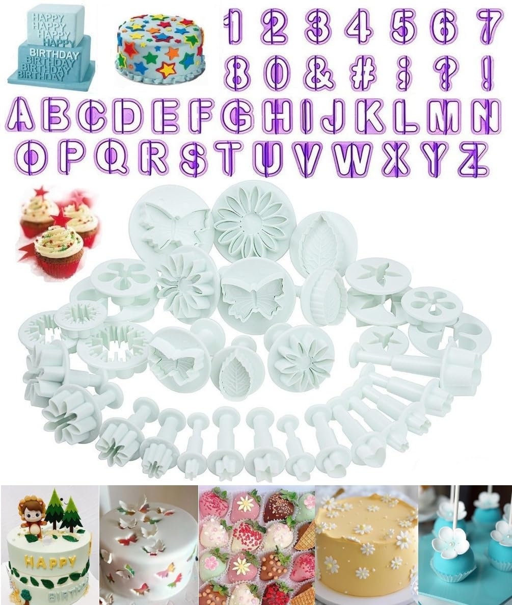 Flower Fondant Cutters,73Pcs Cake Cookie Cutter Plunger Sugarcraft Alphabet Letters Decorating Tools,Sunflower Rose Leaf Butterfly Heart Star Carnation Hollow Calyx Cutter Molds,Icing Modelling Kit