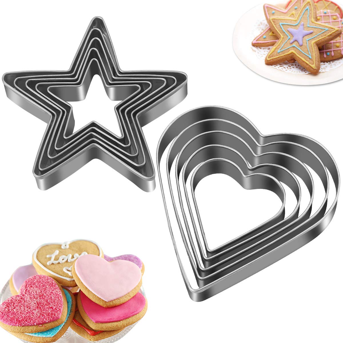 Xueerde 10Pcs Cookie Cutters Set Stainless Steel Biscuit Cutter Love Heart Shape and Star Shape Baking Vegetable Donuts Shape Cutters