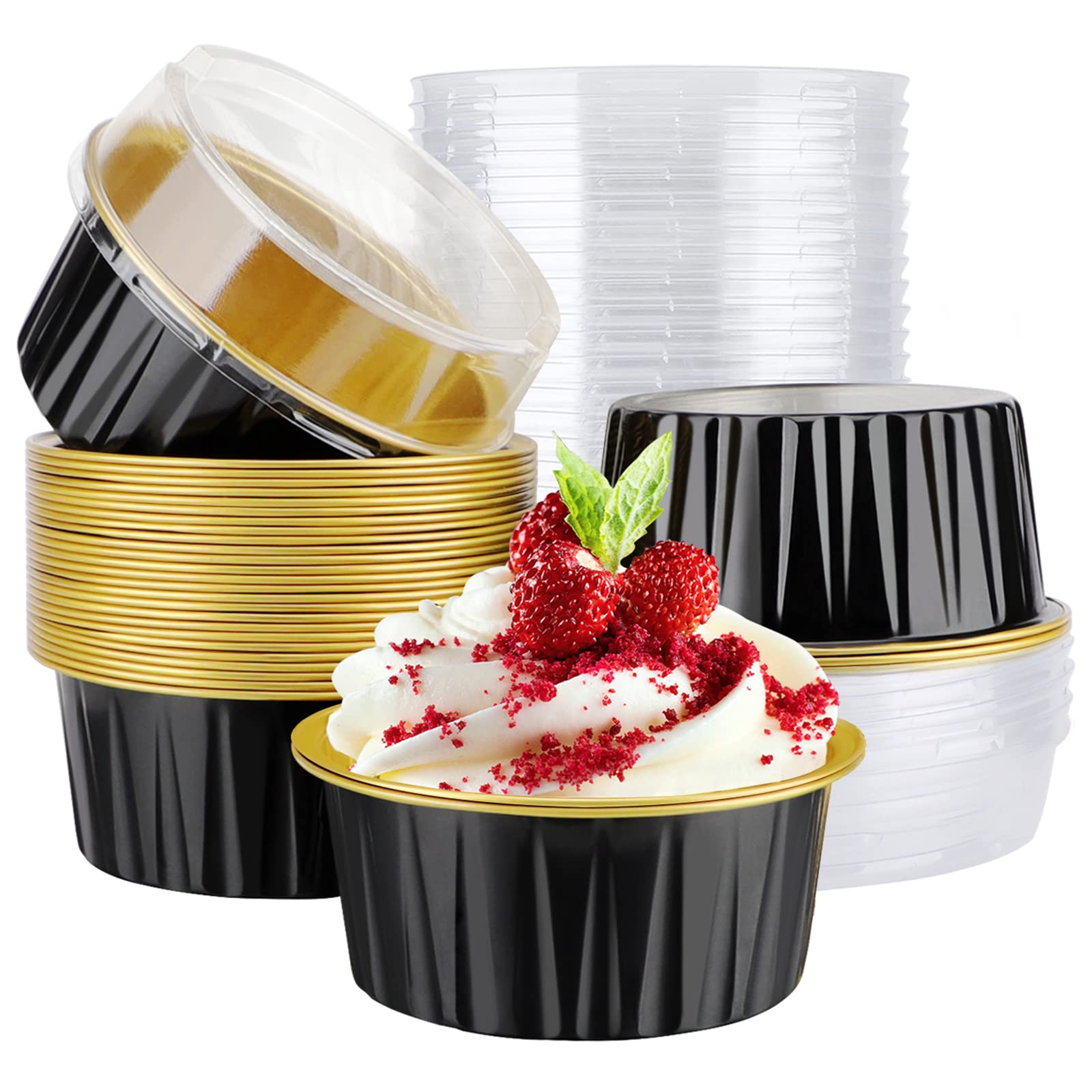 EUSOAR Mini Cheesecake Containers, 30pcs 5oz Disposable Aluminum Foil Cupcake Liners Ramekins Baking Cups, Dessert Cups with Lids Mini Aluminum Cheesecake Pan Creme Brulee Ramekins- Black&Gold