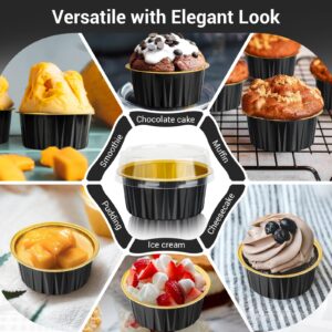 EUSOAR Mini Cheesecake Containers, 30pcs 5oz Disposable Aluminum Foil Cupcake Liners Ramekins Baking Cups, Dessert Cups with Lids Mini Aluminum Cheesecake Pan Creme Brulee Ramekins- Black&Gold