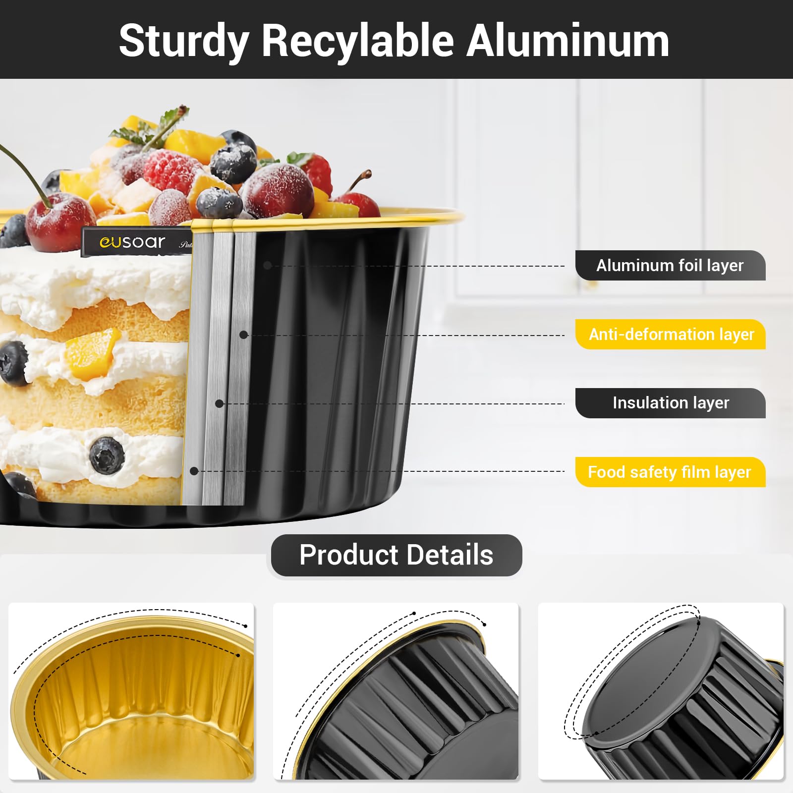 EUSOAR Mini Cheesecake Containers, 30pcs 5oz Disposable Aluminum Foil Cupcake Liners Ramekins Baking Cups, Dessert Cups with Lids Mini Aluminum Cheesecake Pan Creme Brulee Ramekins- Black&Gold