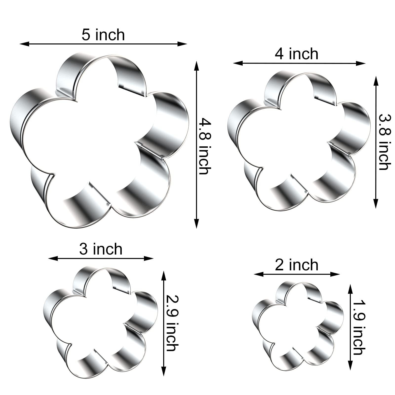 Plum Blossom Flower Cookie Cutter Set Large - 5 Inch, 4 Inch, 3 Inch, 2 Inch - Five Petal Scalloped Edge Spring Flower Cookie Cutters Shapes Molds - Stainless Steel