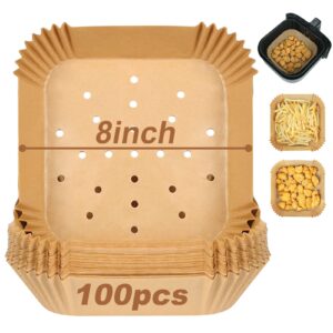 bykitchen square air fryer liners for 2 to 5 qt, set of 100, 8 inch perforated square air fryer parchment paper, air fryer filters for basket, compatible with corsori, instant vortex, dash and more