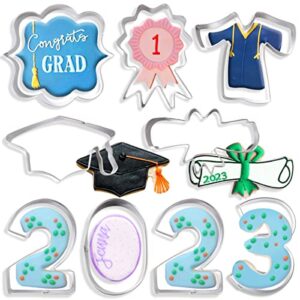 9 pack 2023 graduation cookie cutters set - graduation cap, diploma, medallion, graduation gown, plaque frame, number 2023 biscuit sandwich fondant fruit cookie cutters for baking