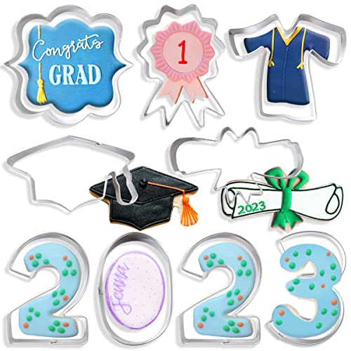 9 Pack 2023 Graduation Cookie Cutters Set - Graduation Cap, Diploma, Medallion, Graduation Gown, Plaque Frame, Number 2023 Biscuit Sandwich Fondant Fruit Cookie Cutters for Baking