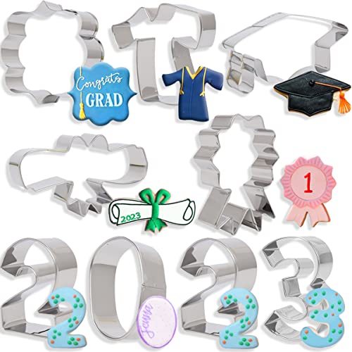 9 Pack 2023 Graduation Cookie Cutters Set - Graduation Cap, Diploma, Medallion, Graduation Gown, Plaque Frame, Number 2023 Biscuit Sandwich Fondant Fruit Cookie Cutters for Baking