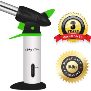 Spicy Dew Blow Torch - Creme Brulee Torch - Refillable Professional Chefs Culinary Kitchen Torch with Safety Lock and Adjustable Flame - Micro Butane Torch with Fuel Gauge - Cooking Food Torch