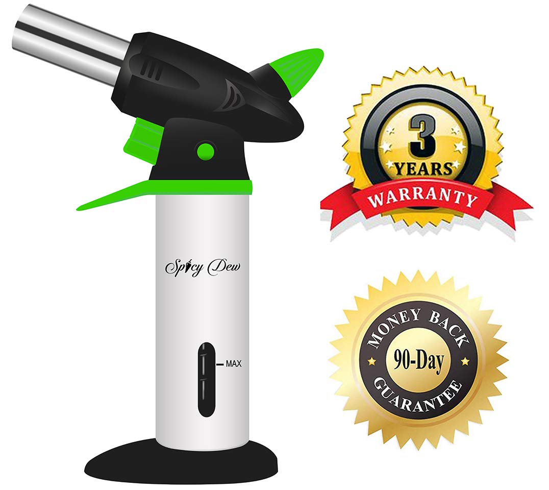 Spicy Dew Blow Torch - Creme Brulee Torch - Refillable Professional Chefs Culinary Kitchen Torch with Safety Lock and Adjustable Flame - Micro Butane Torch with Fuel Gauge - Cooking Food Torch