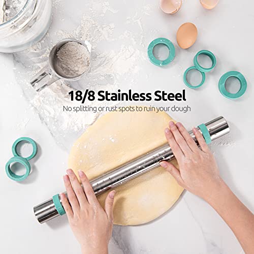 U-Taste 18/8 Stainless Steel 16 inch Adjustable Rolling Pin with Silicone Removable Thickness Rings, Nonstick Kitchen Roller Pin for Baking Cookies Pastry Pizza Pasta Dough Fondant (Teal/Aqua Sky)