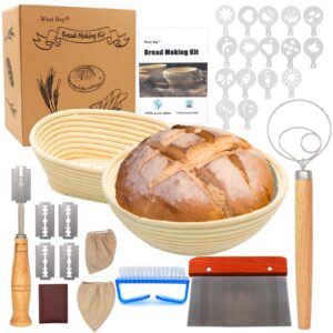 32pcs bread proofing basket set, west bay 10 inch round & 8 inch oval cane sourdough basket w/bread lame dough scraper linen liner brush flouring stencils fermentation danish dough whisk father's day