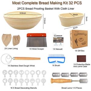 32Pcs Bread Proofing Basket Set, West Bay 10 Inch Round & 8 Inch Oval Cane Sourdough Basket w/Bread Lame Dough Scraper Linen Liner Brush Flouring Stencils Fermentation Danish Dough Whisk Father's Day