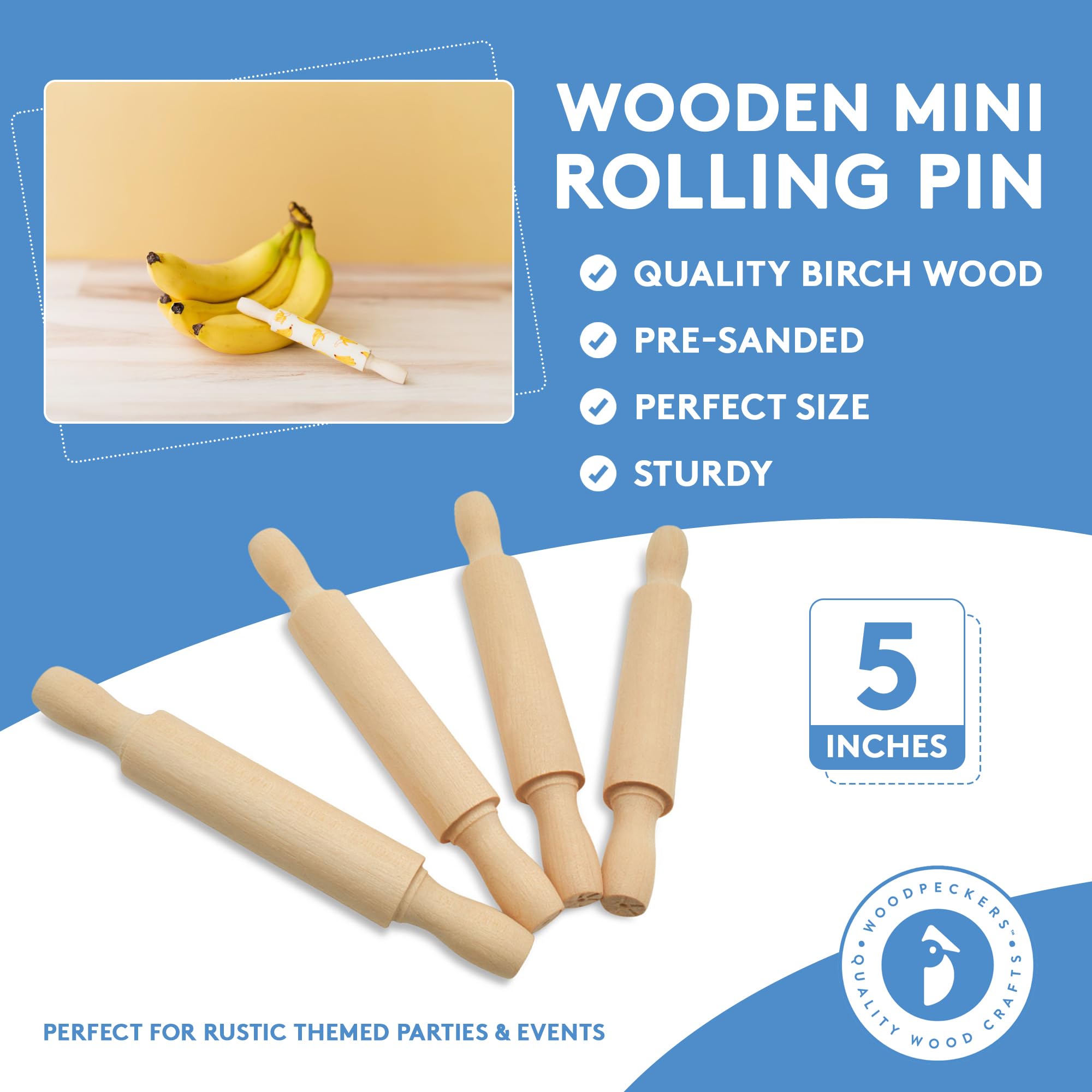 Wooden Mini Rolling Pin, 5 Inches Long, Pack of 6, Great for in The Kitchen, Play-doh, Crafting and Imaginative Play, by Woodpeckers