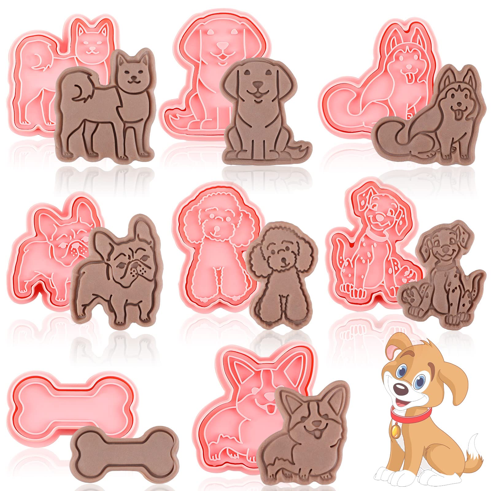 8 Pcs Dog Cookie Cutters with Plunger Stamps Set 3D Puppy Bone Shape Biscuit Cutter Funny Cartoon Cookie Stamps Stamped Embossed Dog Cookie Cutters for Treats DIY Cookie Baking Supplies (Vivid Style)