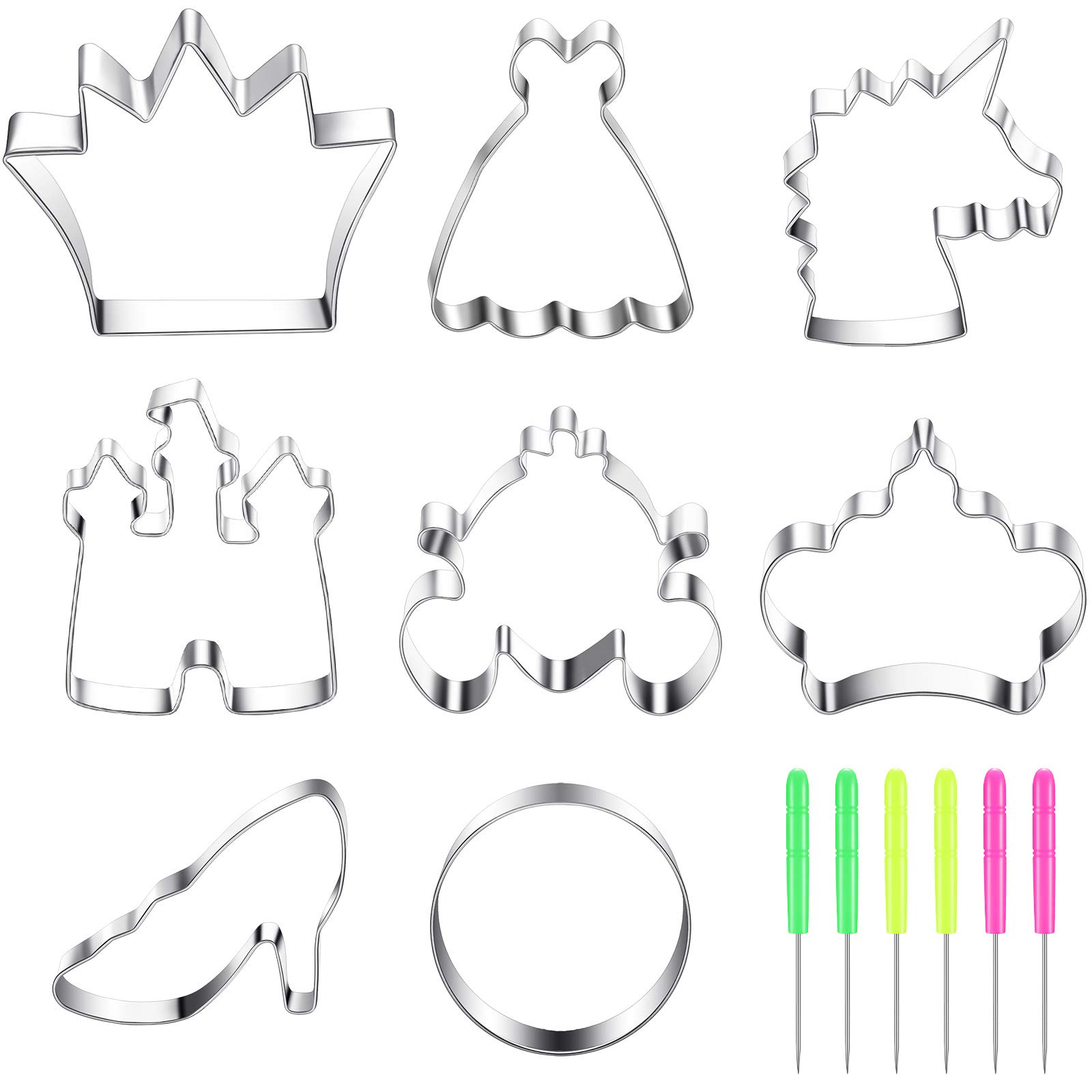 8 Pieces Princess Cookie Cutter Set with Crown, Dress, Castles, Unicorn Head Shapes Stainless Steel Fondant Biscuit Cutters and 6 Pieces Sugar Stirring Pins