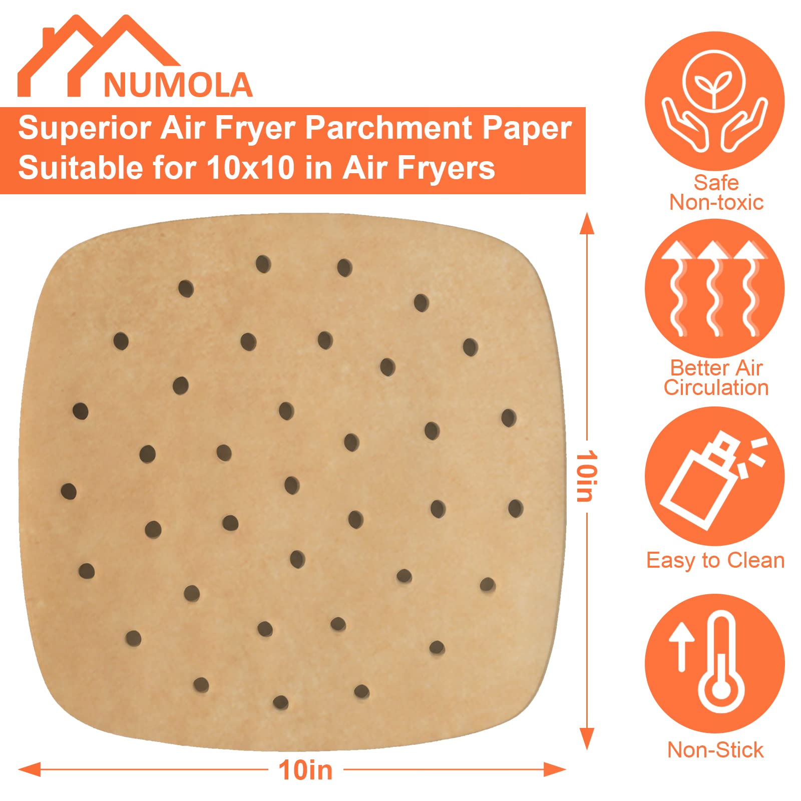 Numola 100 Pcs Air Fryer Parchment Paper Liners, 10 Inch Perforated Air Fryer Liners Disposable, Square Parchment Paper for Air Fryer, Non-Stick Steamer Liners for Oven, Microwave, Steaming Basket