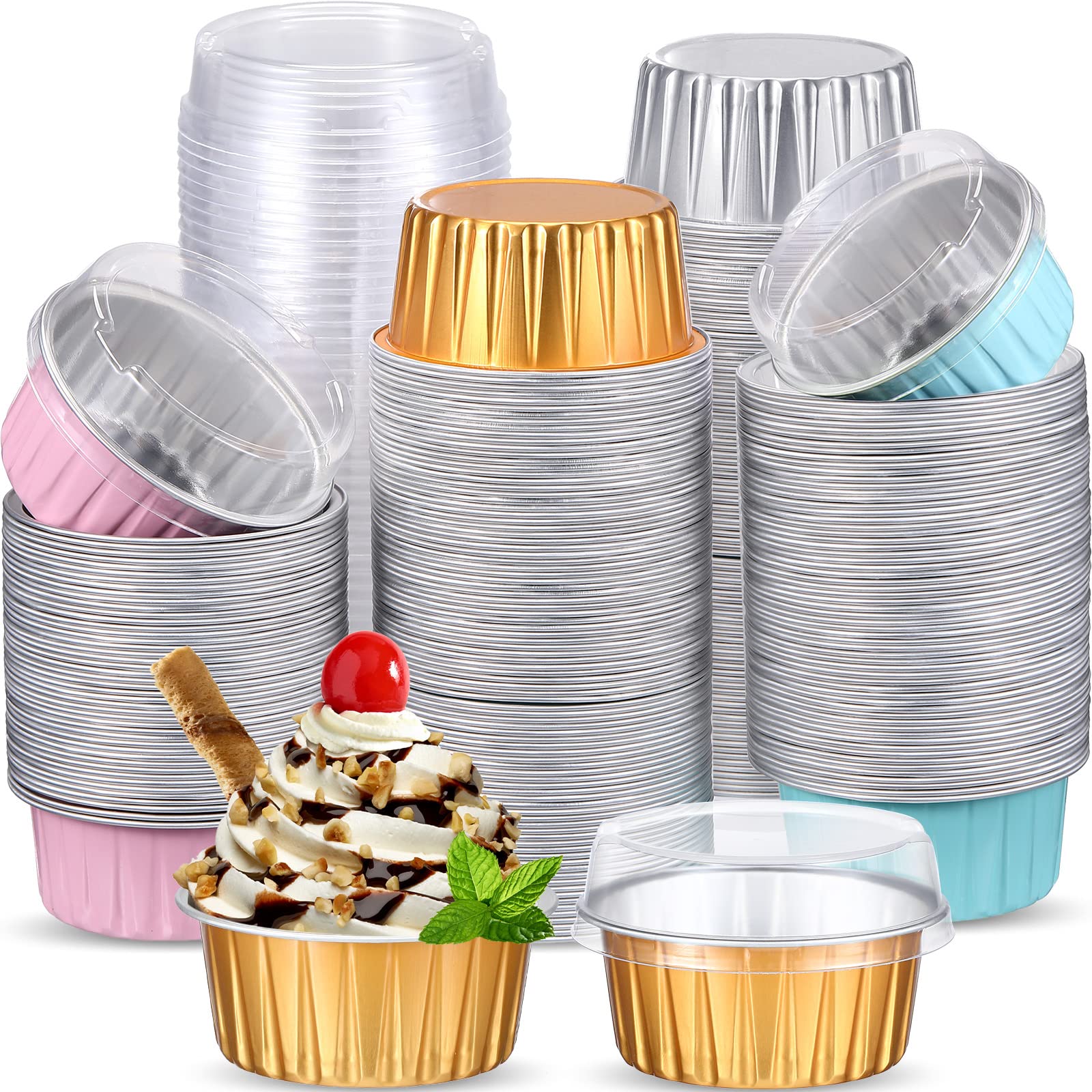 150 Pcs Cupcake Liners with Lids 5 oz Aluminum Foil Cupcake Baking Cups Disposable Ramekins Muffin Cups Mini Aluminum Pans with Lids Cupcake Holder for Creme Brulee or Cupcake(Gold Silver Pink Blue)