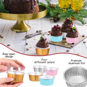 150 Pcs Cupcake Liners with Lids 5 oz Aluminum Foil Cupcake Baking Cups Disposable Ramekins Muffin Cups Mini Aluminum Pans with Lids Cupcake Holder for Creme Brulee or Cupcake(Gold Silver Pink Blue)