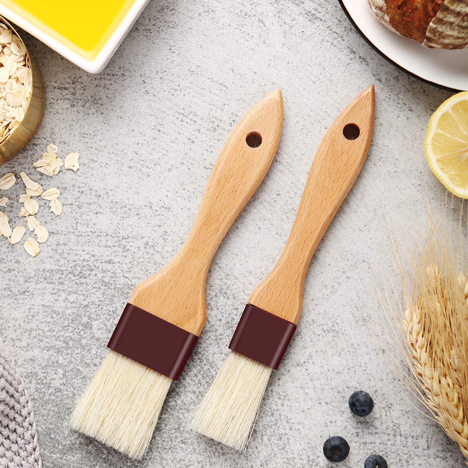 1 inch & 1.5 inch Pastry Brush Natural Boar Bristle Basting Brush Kitchen Oil Brush with Beech Wooden Handle and Hanging Rope String Grill BBQ Sauce Baster Baking Cooking Marinade Brushes (Pack of 2)