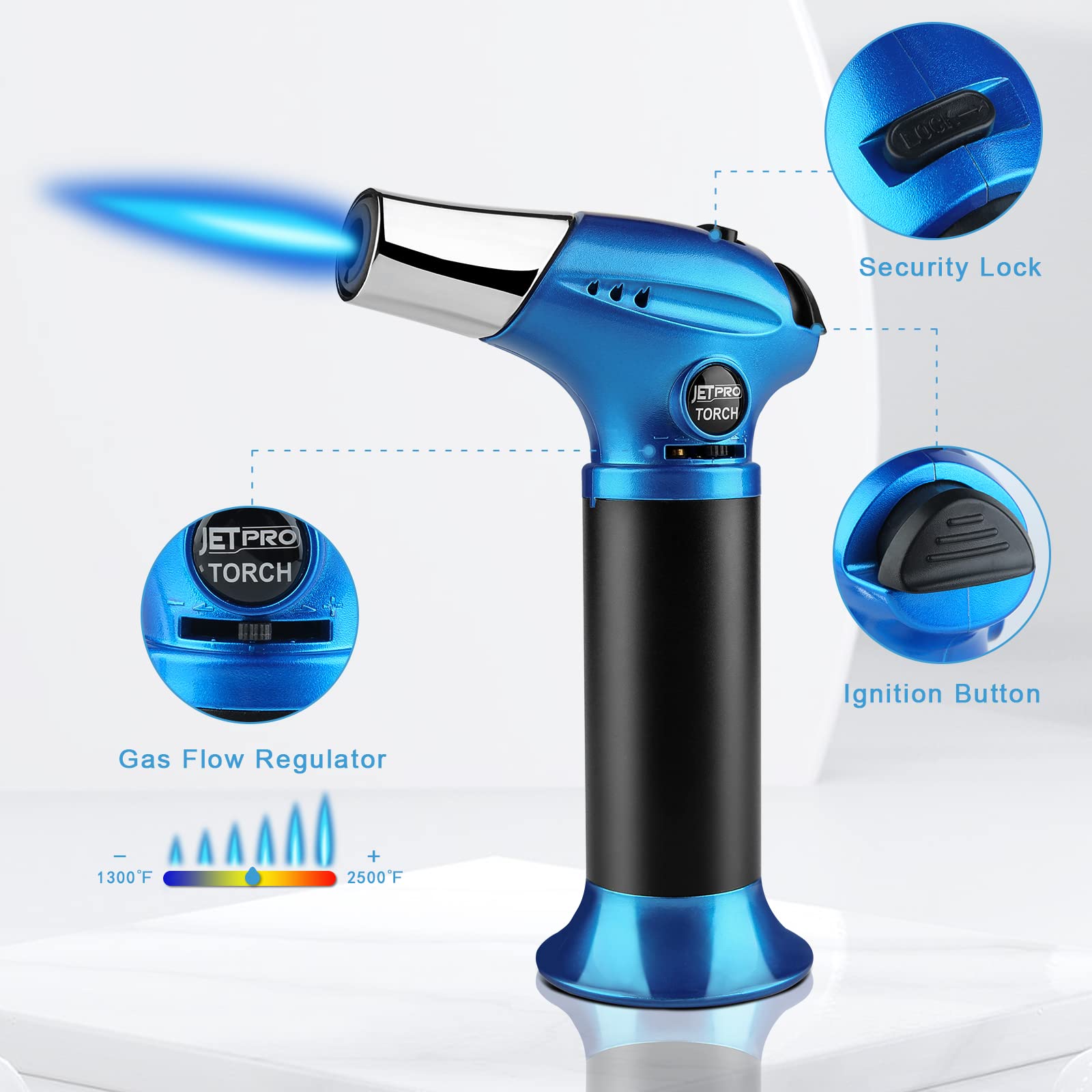 JETPRO Butane Torch, Kitchen Torch Lighter, Cooking Refillable Torch with Adjustable Flame and Safety Lock for Desserts, BBQ, Kitchen (Butane Gas Not Included) (blue)