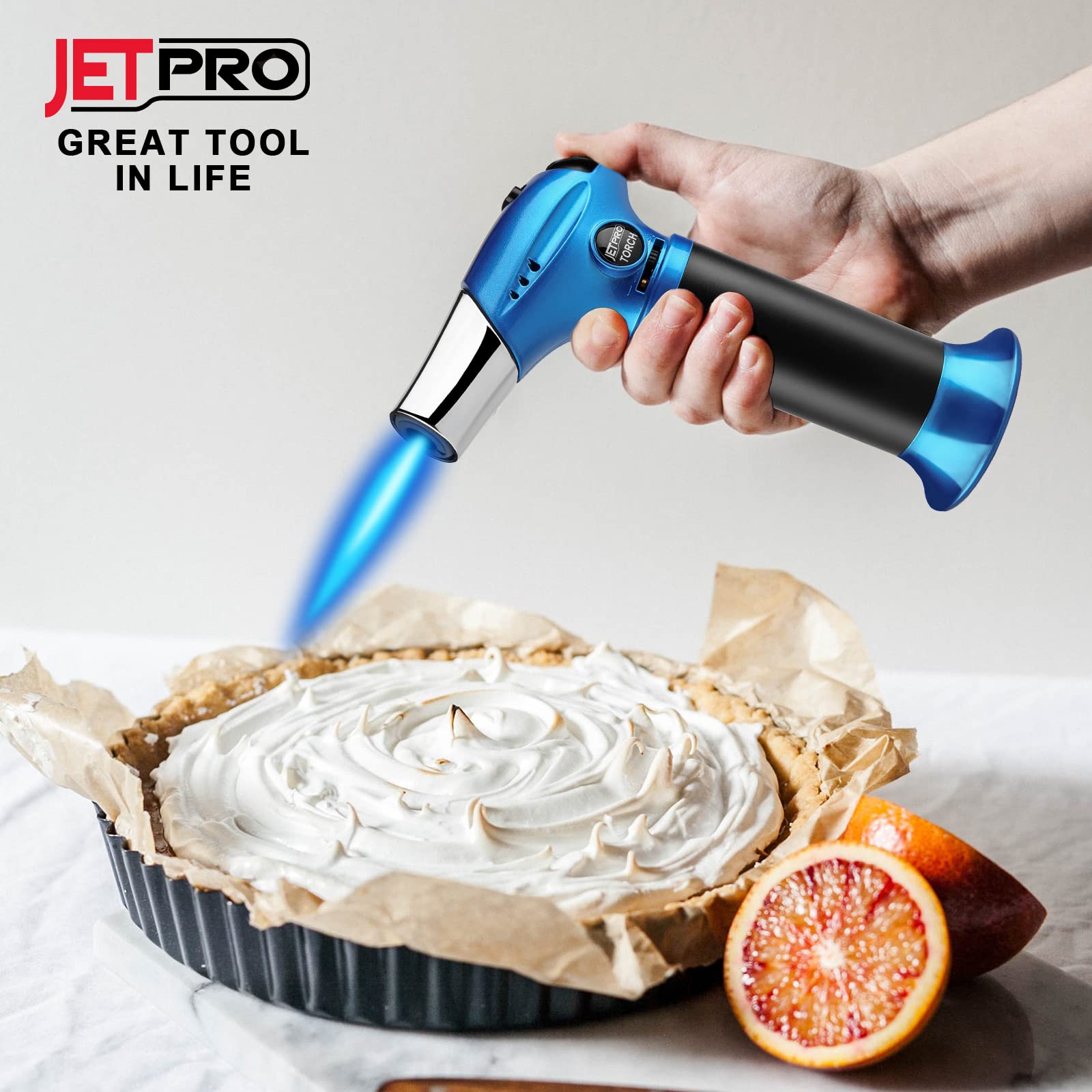 JETPRO Butane Torch, Kitchen Torch Lighter, Cooking Refillable Torch with Adjustable Flame and Safety Lock for Desserts, BBQ, Kitchen (Butane Gas Not Included) (blue)