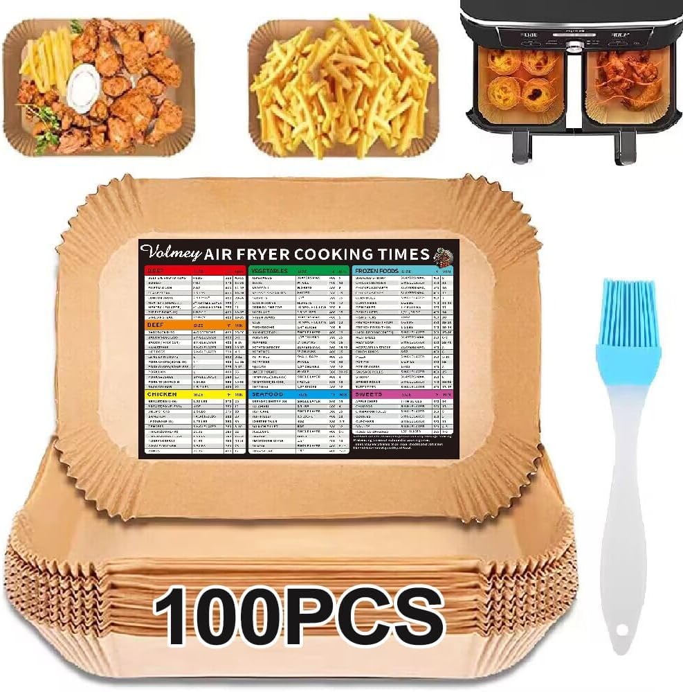 Air Fryer Liners, 100PCS Disposable Rectangle Air Fryer Parchment Paper Liners for All 8QT-10QT Dual Basket Fryer, 8.6''x5.5'' Baking Paper, Air Fryer Accessories for Ninja DZ201 DZ401(Free Oil Brush)