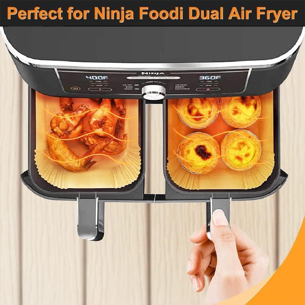 Air Fryer Liners, 100PCS Disposable Rectangle Air Fryer Parchment Paper Liners for All 8QT-10QT Dual Basket Fryer, 8.6''x5.5'' Baking Paper, Air Fryer Accessories for Ninja DZ201 DZ401(Free Oil Brush)