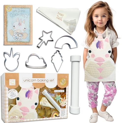 Hapinest Unicorn Cookies Baking Set for Kids Girls Real Baking Kit Gifts Ages 4 5 6 7 8 Years Old - Unicorn Apron, Unicorn Theme Cookie Cutters, Piping Bags and Tips, Cookie Dough Roller