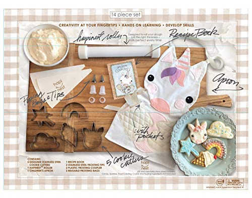 Hapinest Unicorn Cookies Baking Set for Kids Girls Real Baking Kit Gifts Ages 4 5 6 7 8 Years Old - Unicorn Apron, Unicorn Theme Cookie Cutters, Piping Bags and Tips, Cookie Dough Roller