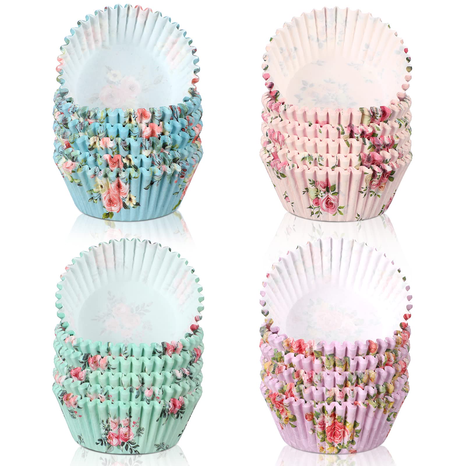 Yaomiao 600 Count Floral Cupcake Liners Tea Party Baking Paper Cupcake Liners Wrappers Flower Muffin Liners for Tea Party Wedding Birthday Baby Shower Decorations, 4 Styles