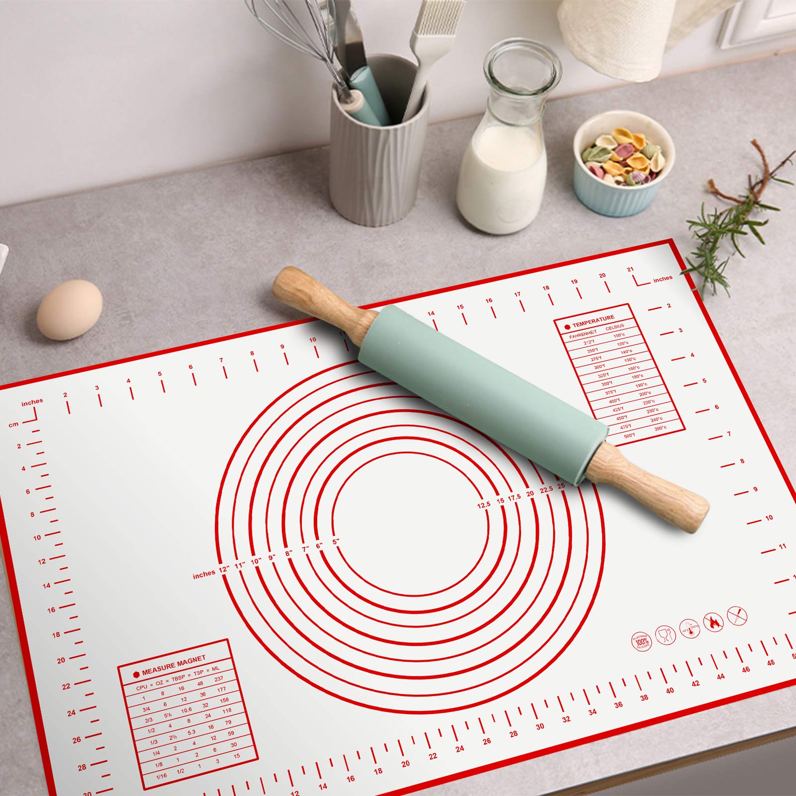 KUFUNG Silicone Baking Mats Non-Slip Pastry Mat Countertop Protector Fondant Mat for Rolling Dough Pie Crust Pizza and Cookies (24 x 16 Inch, Red)