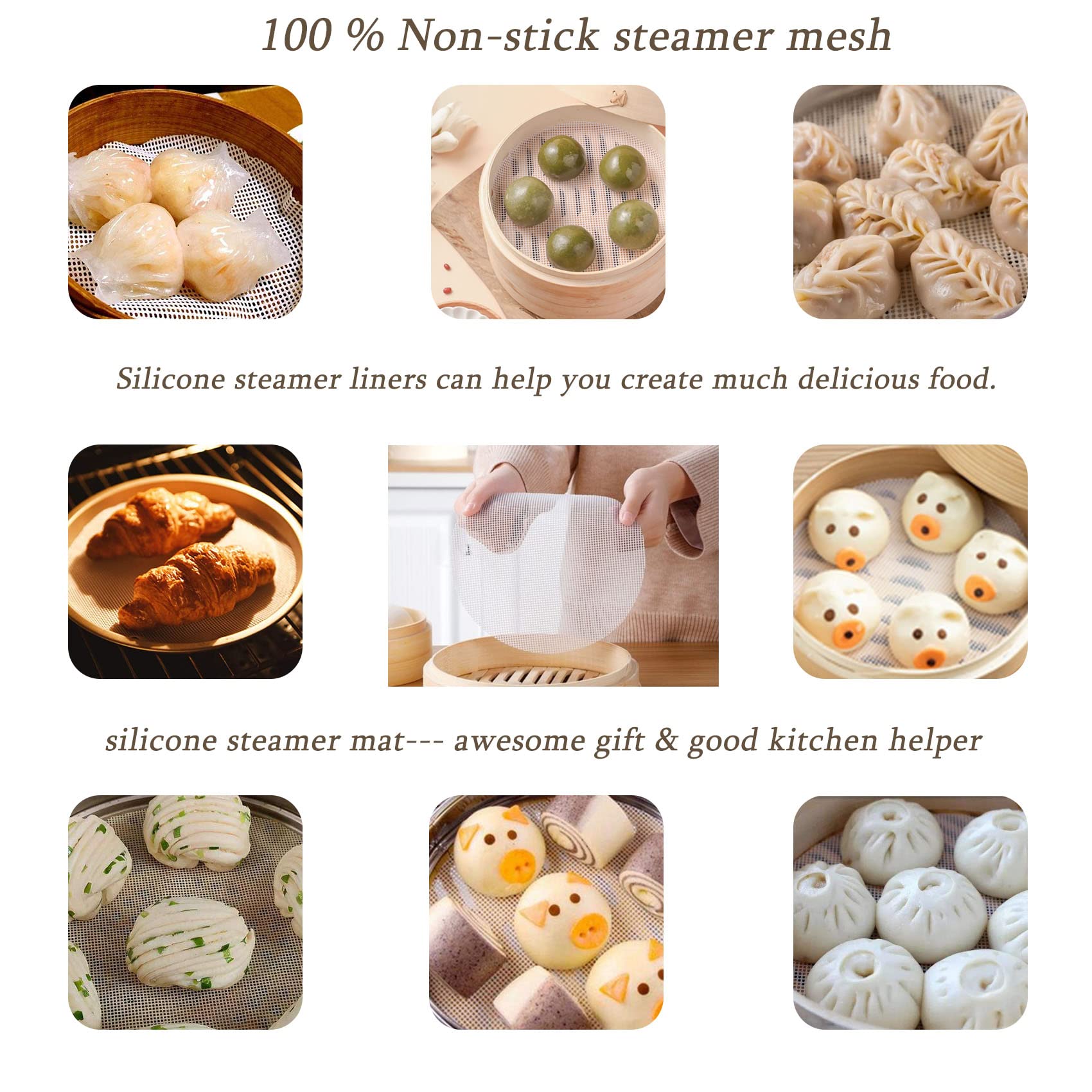 Inchant 5pcs Round Silicone Steamer Mats Non-stick Silicone Dumplings Buns Baking Pastry Dim Sum Mat for Bamboo Steamer