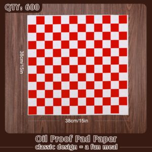 600 Pcs Sandwich Wrapping Paper Sheet 15x15 Checkered Food Wax Paper Sheets Parchment Paper Basket Liner Grease Restaurant Supplies for Wrapping Bread Burgers Food Serving (Red)