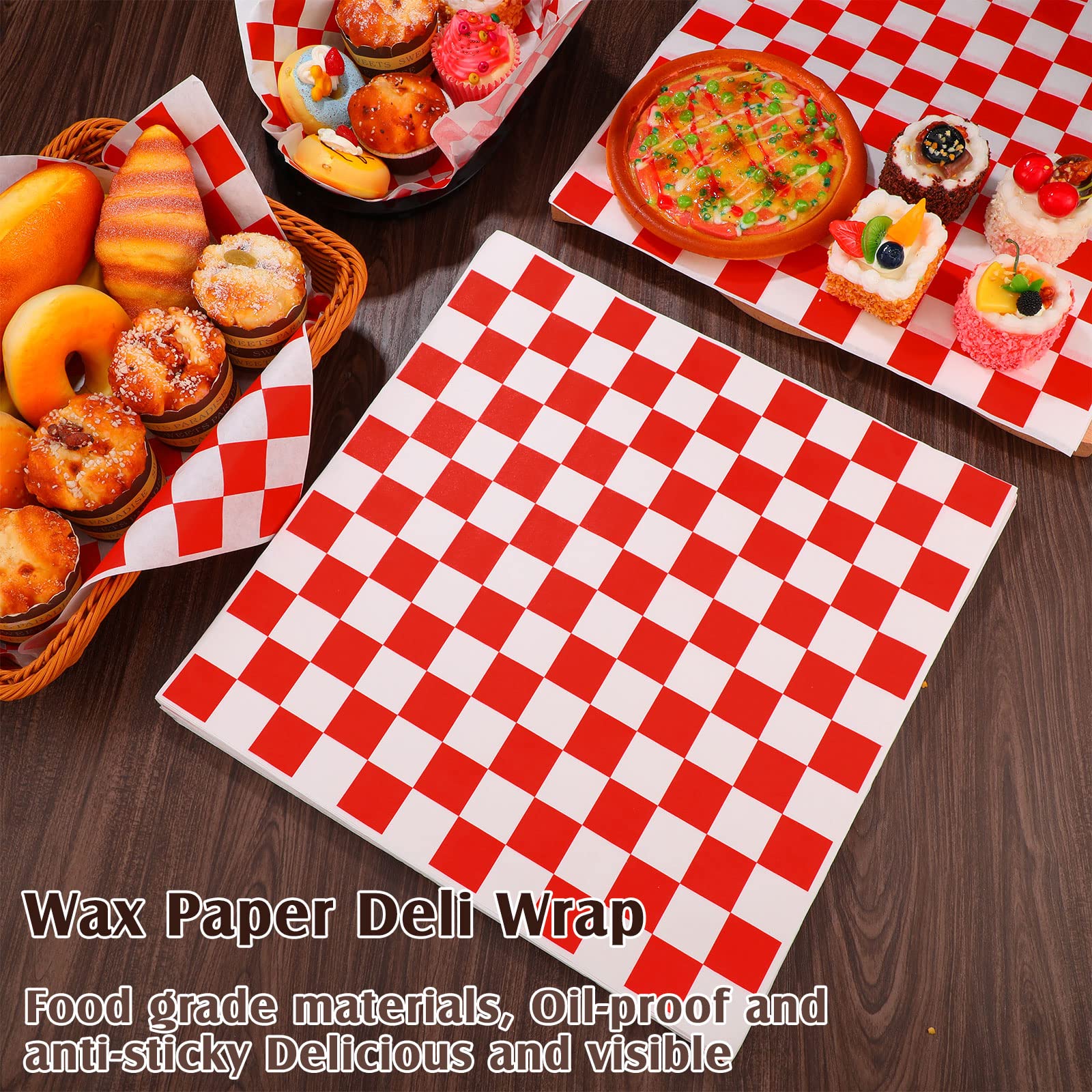 600 Pcs Sandwich Wrapping Paper Sheet 15x15 Checkered Food Wax Paper Sheets Parchment Paper Basket Liner Grease Restaurant Supplies for Wrapping Bread Burgers Food Serving (Red)