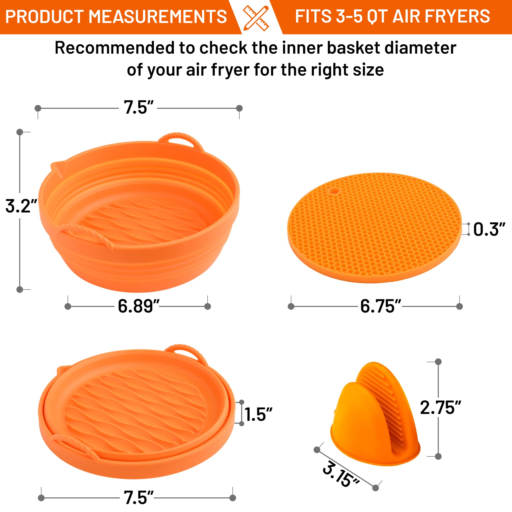 Kitchentastic Silicone Air Fryer Accessories. Reusable Air Fryer Liners Silicone Replaces Parchment Paper For Air Fryers. 7.5In Air Fryer Pans Fit 3-5QT AirFryers. Easy to Clean Air Fryer Silicone Pot