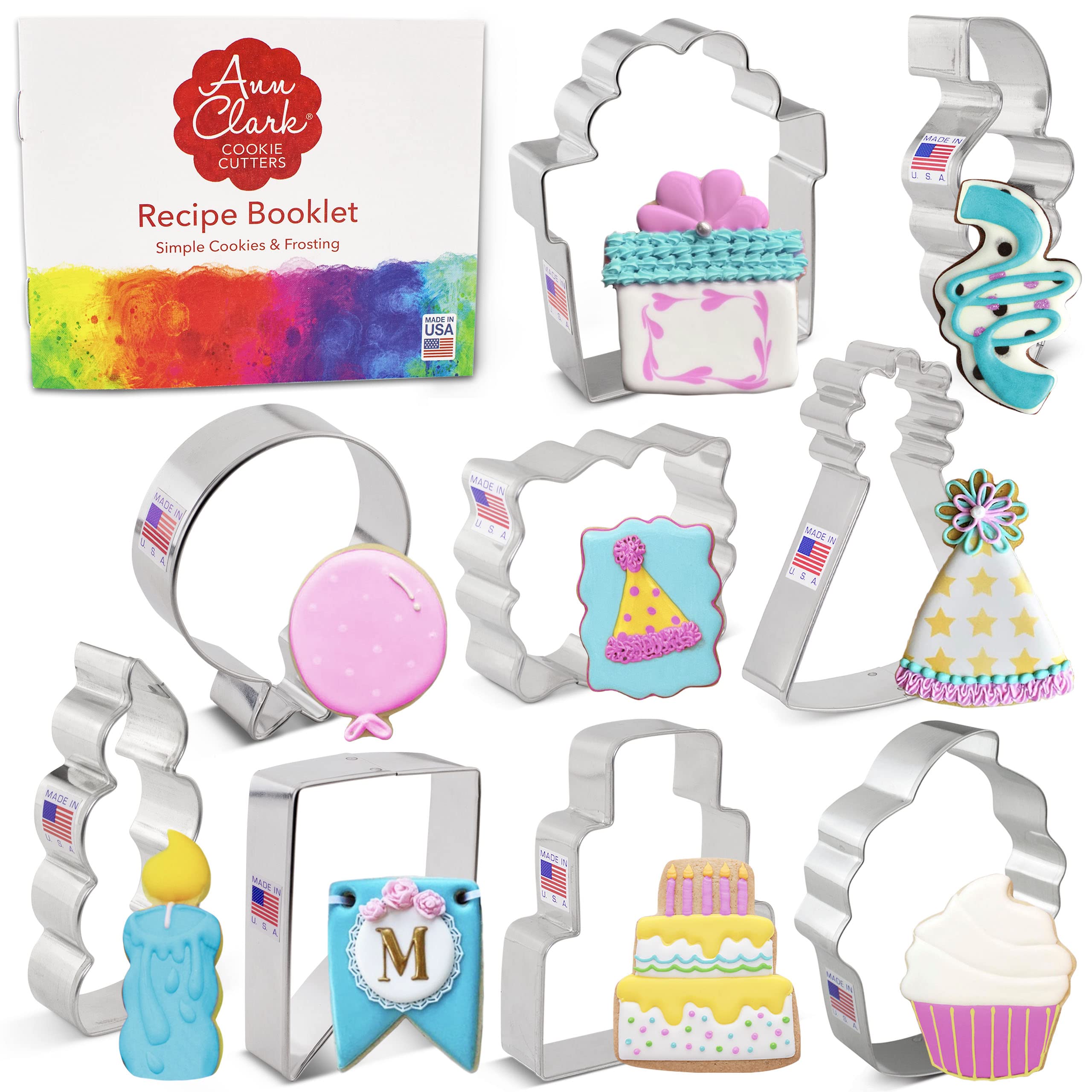 Birthday Cookie Cutters 9-Pc. Set Made in USA by Ann Clark, Cake, Candle, Present, Birthday Hat, Plaque and more